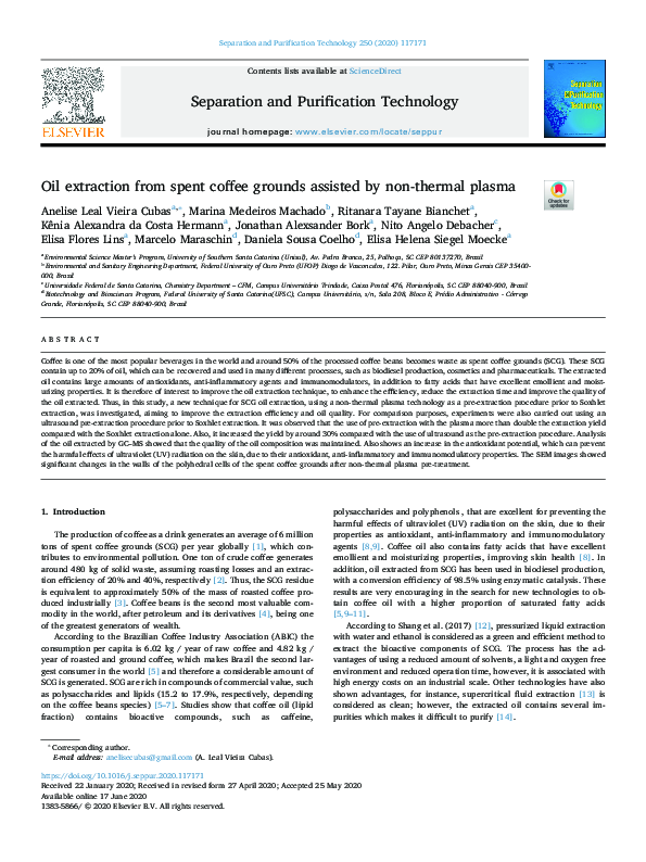 (PDF) Oil extraction from spent coffee grounds assisted by non-thermal plasma