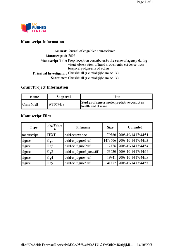 (PDF) Proprioception Contributes to the Sense of Agency during Visual ...