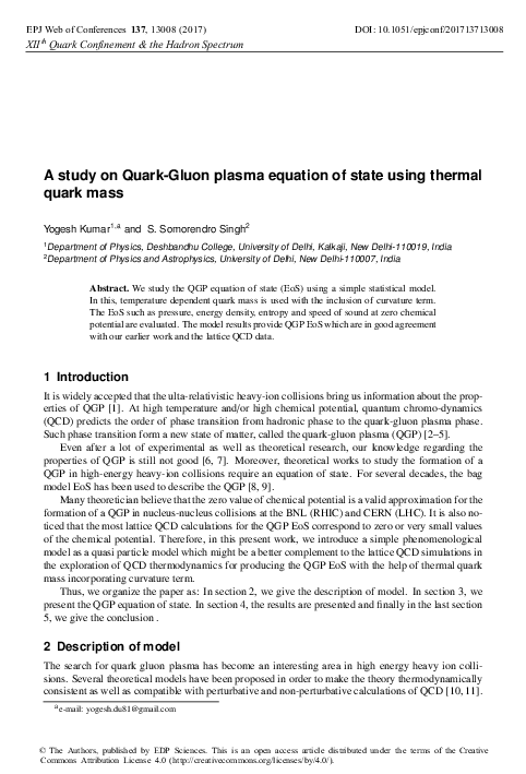 (PDF) A study on Quark-Gluon plasma equation of state using thermal quark mass