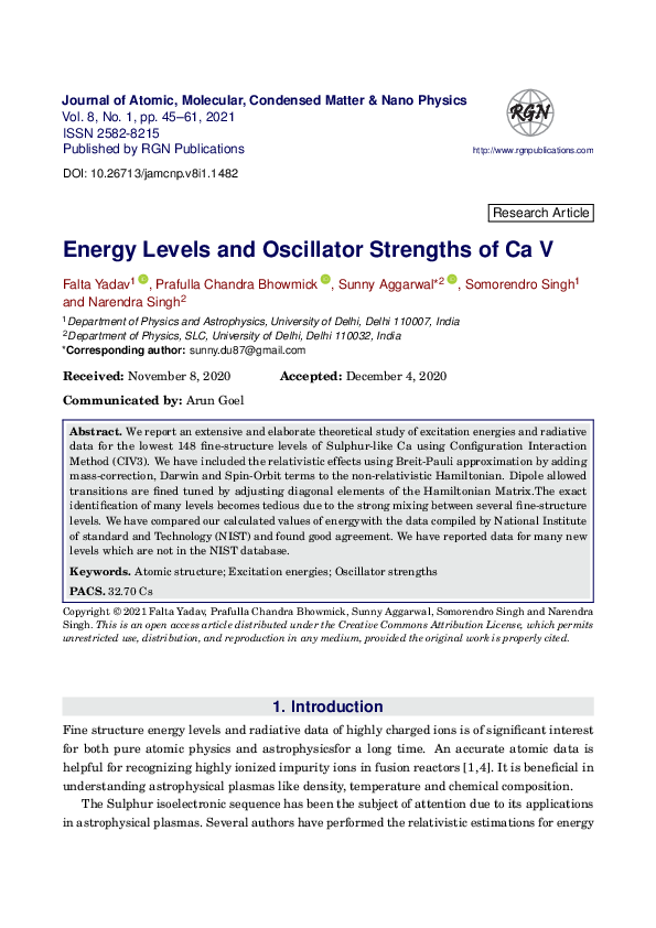 (PDF) Energy Levels and Oscillator Strengths of Ca V