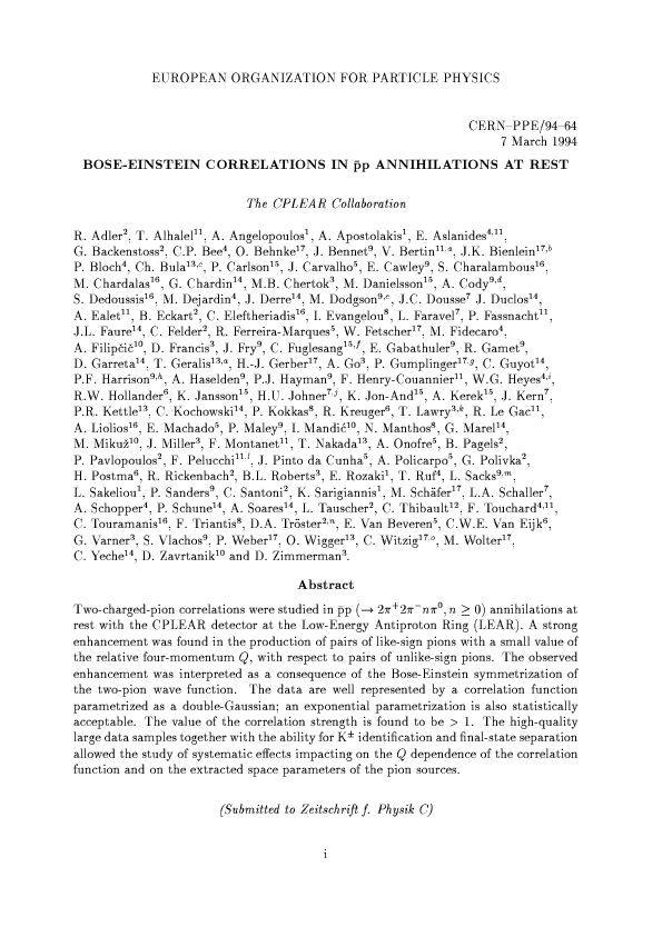 Pdf Bose Einstein Correlations In Bar P P Annihilations At Rest