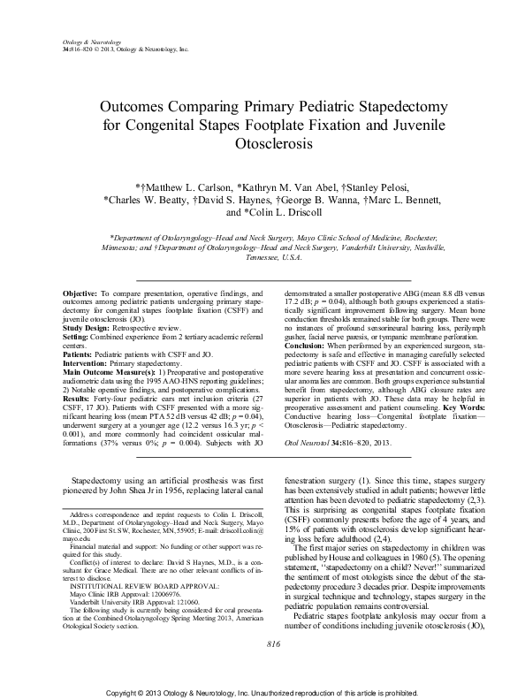 (PDF) Outcomes Comparing Primary Pediatric Stapedectomy for Congenital ...