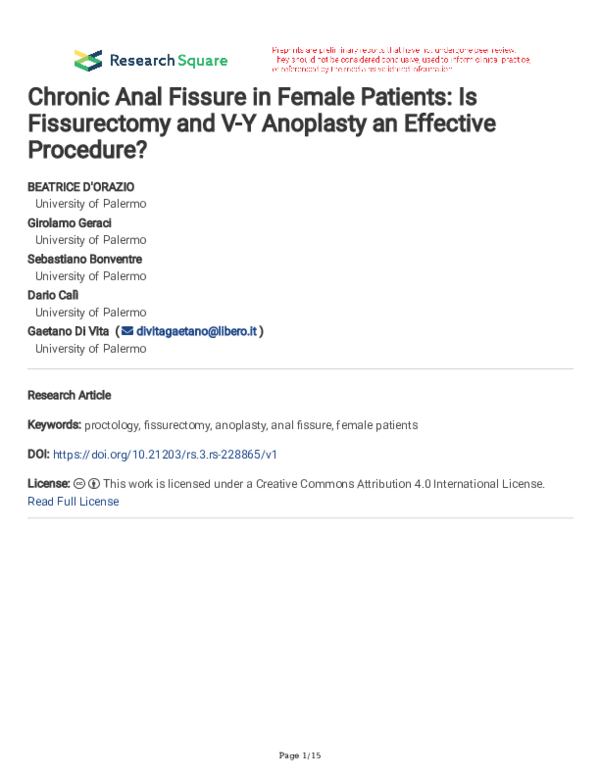 (PDF) Chronic Anal Fissure in Female Patients: Is Fissurectomy and V-Y ...