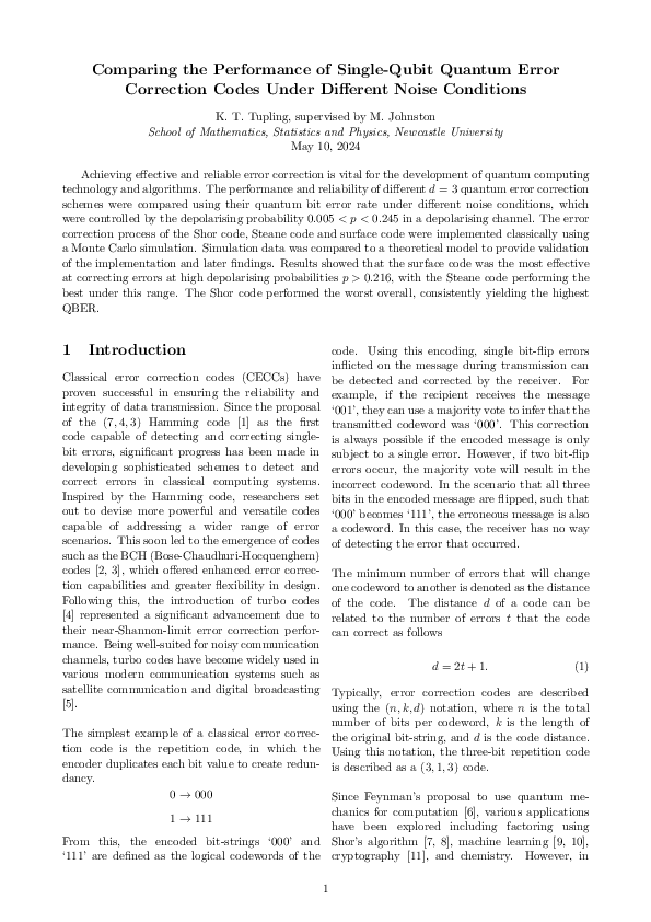 (PDF) Comparing the Performance of Single-Qubit Quantum Error Correction Codes Under Different ...