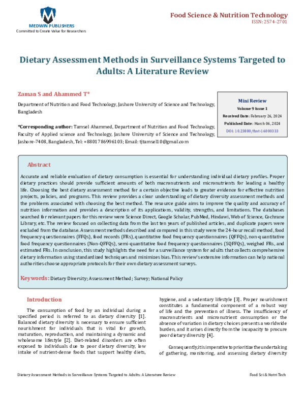 (PDF) Dietary Assessment Methods in Surveillance Systems Targeted to ...