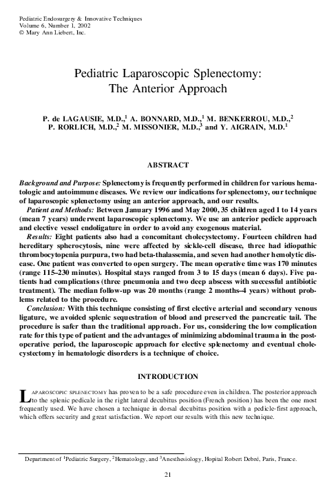 (PDF) Pediatric Laparoscopic Splenectomy: The Anterior Approach