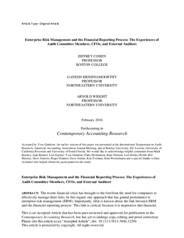 (PDF) Enterprise Risk Management and the Financial Reporting Process: The Experiences of Audit ...