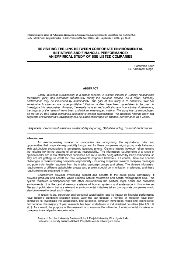 (PDF) REVISITING THE LINK BETWEEN CORPORATE ENVIRONMENTAL INITIATIVES AND FINANCIAL PERFORMANCE ...