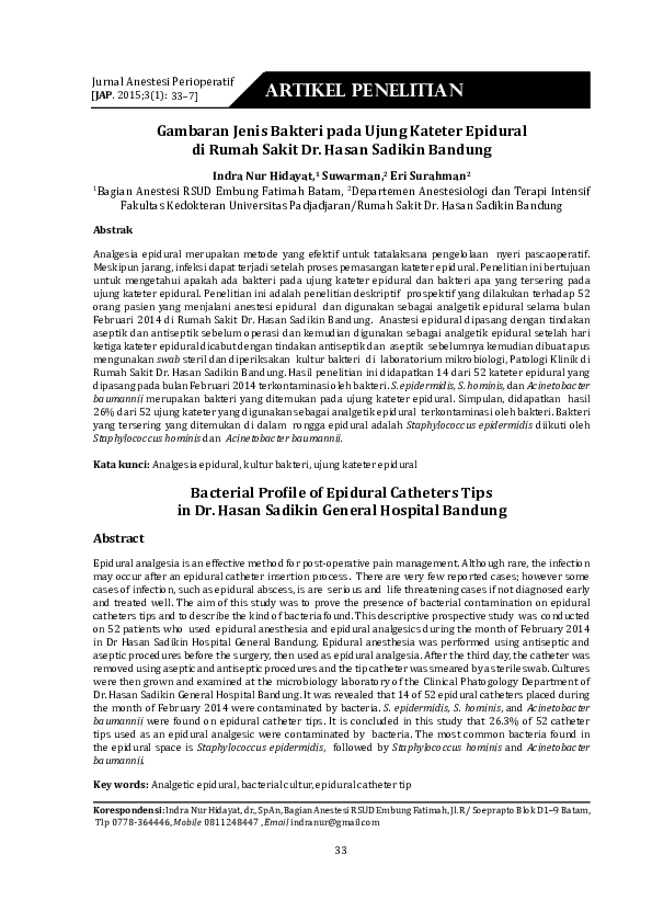 (PDF) Gambaran Jenis Bakteri pada Ujung Kateter Epidural di Rumah Sakit ...