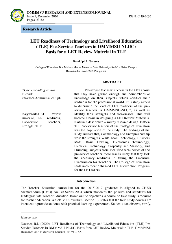 (PDF) LET Readiness of Technology and Livelihood Education (TLE) Pre ...