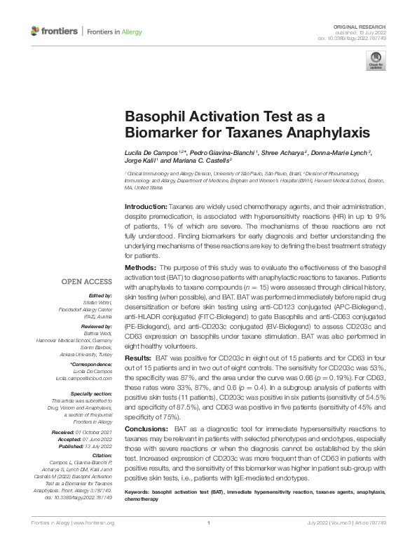 (PDF) Basophil Activation Test as a Biomarker for Taxanes Anaphylaxis