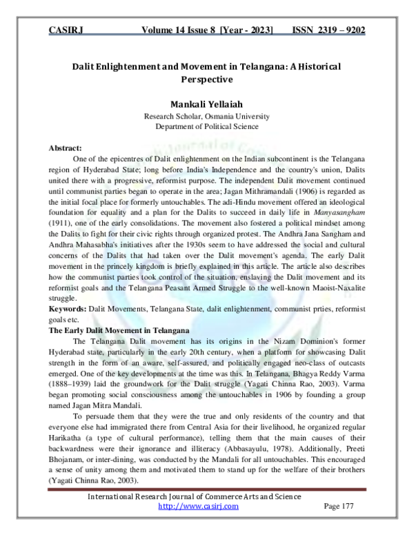 (PDF) Dalit Enlightenment and Movement in Telangana: A Historical Perspective