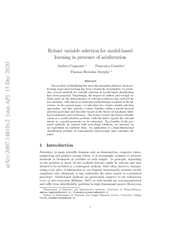 (PDF) Robust variable selection for model-based learning in presence of adulteration