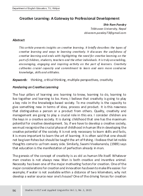 (PDF) Creative Learning: A Gateway to Professional Development
