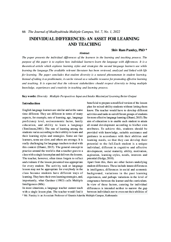 (PDF) Individual Differences: An Asset for Learning and Teaching