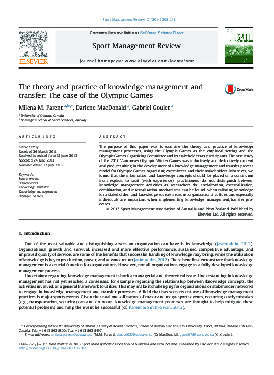 (PDF) The theory and practice of knowledge management and transfer: The case of the Olympic Games