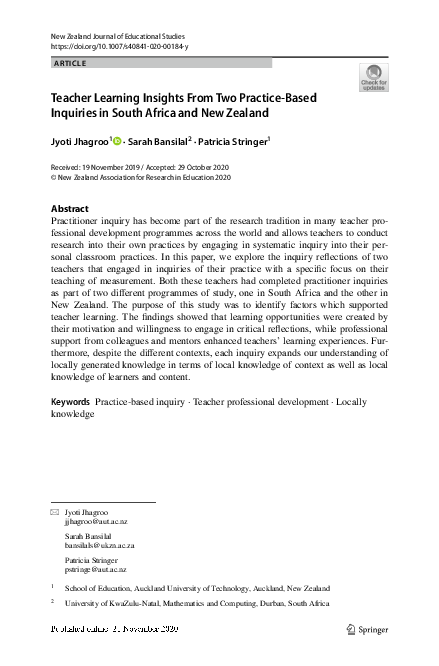 (PDF) Teacher Learning Insights From Two Practice-Based Inquiries in South Africa and New Zealand