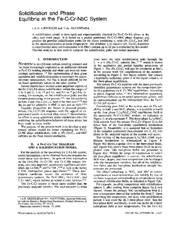 (PDF) Solidification and phase equilibria in the Fe-C-Cr-NbC system