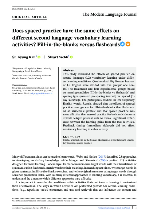 (PDF) Does spaced practice have the same effects on different second language vocabulary ...