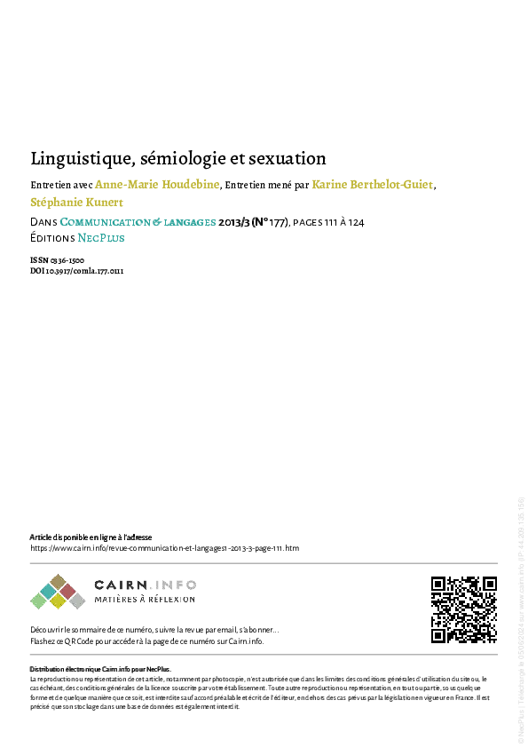 (PDF) Linguistique, sémiologie et sexuation : entretien avec Anne-Marie ...