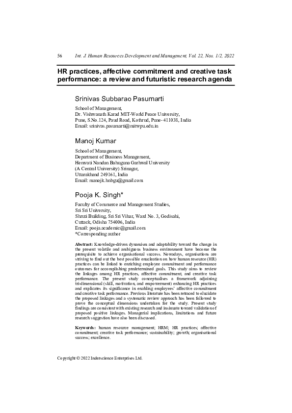 (PDF) HR practices, affective commitment and creative task performance ...
