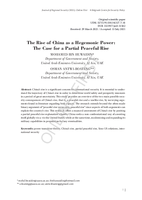 (PDF) The rise of China as a hegemonic power: The case for a partial ...