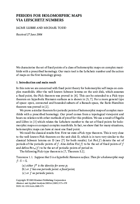 (PDF) Periods for holomorphic maps via Lefschetz numbers