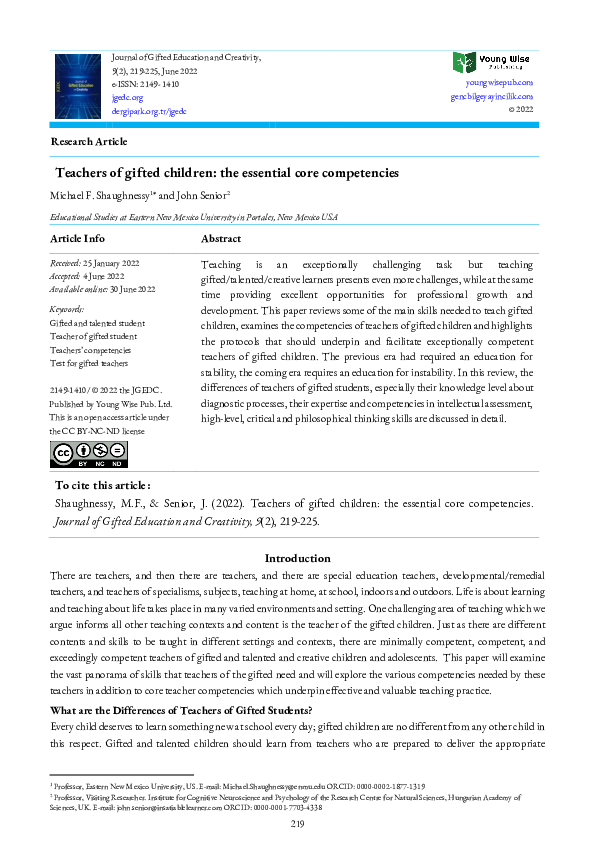 (PDF) Teachers of gifted children: the essential core competencies