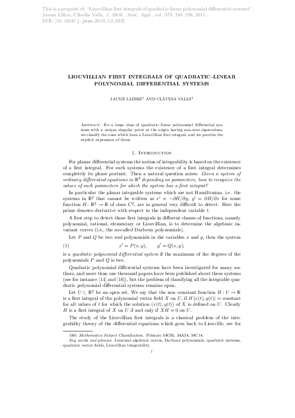 (PDF) Liouvillian first integrals of quadratic–linear polynomial differential systems