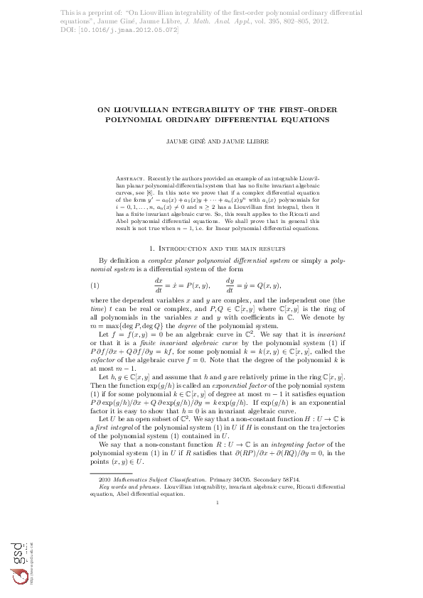 (PDF) Liouvillian Integrability in Polynomial ODEs