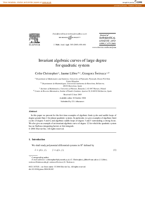 (PDF) Invariant algebraic curves of large degree for quadratic system