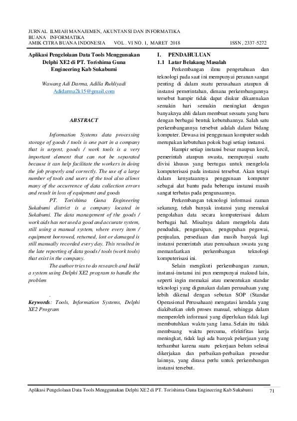(PDF) Aplikasi Pengelolaan Data Tools Menggunakan Delphi XE2 di PT. Torishima Guna Engineering ...