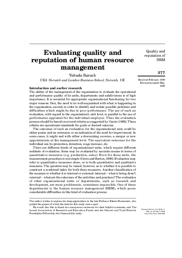 (PDF) Evaluating quality and reputation of human resource management