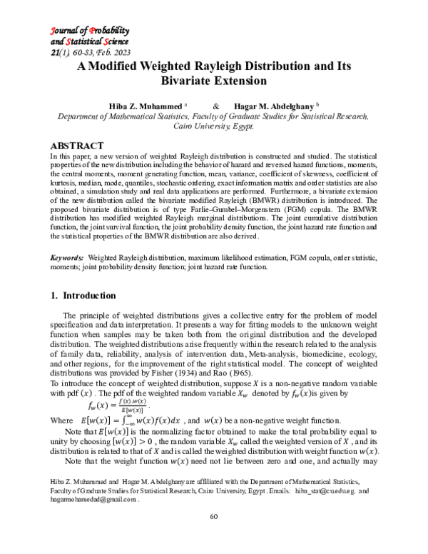 Pdf Modified Weighted Rayleigh Distribution And Its Bivariate Extension