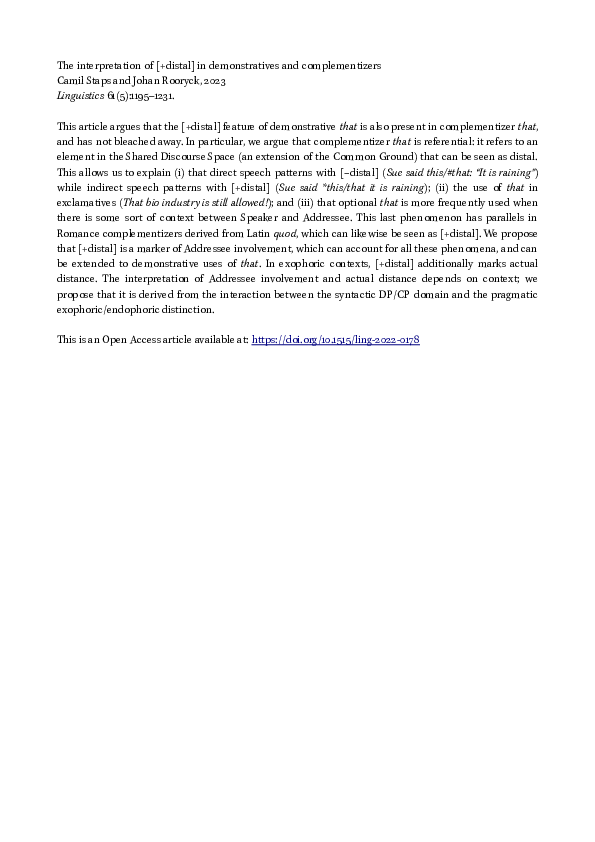 (PDF) The interpretation of [+distal] in demonstratives and complementizers