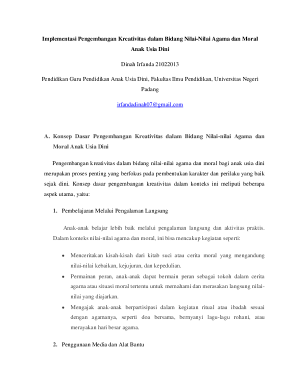 (PDF) Implementasi Pengembangan Kreativitas dalam Bidang Nilai-Nilai Agama dan Moral Anak Usia Dini