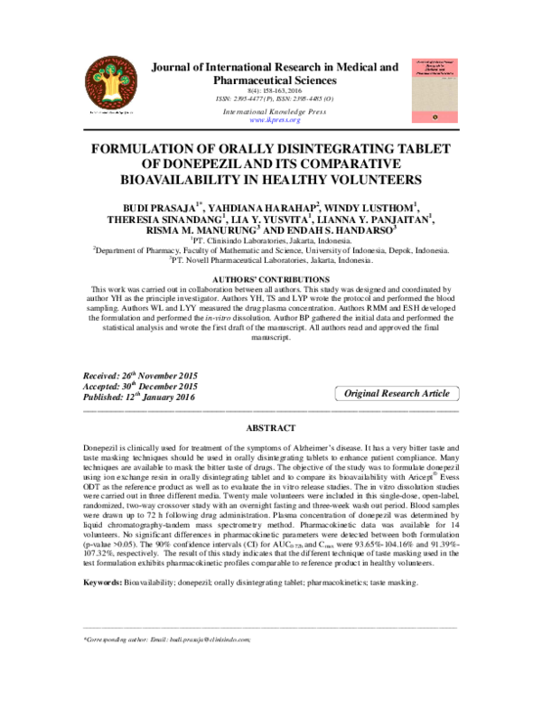 (PDF) Formulation of Orally Disintegrating Tablet of Donepezil and Its Comparative ...