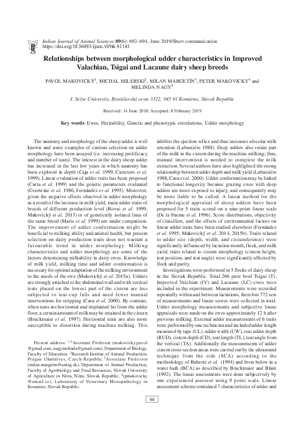 (PDF) Relationships between morphological udder characteristics in Improved Valachian, Tsigai ...
