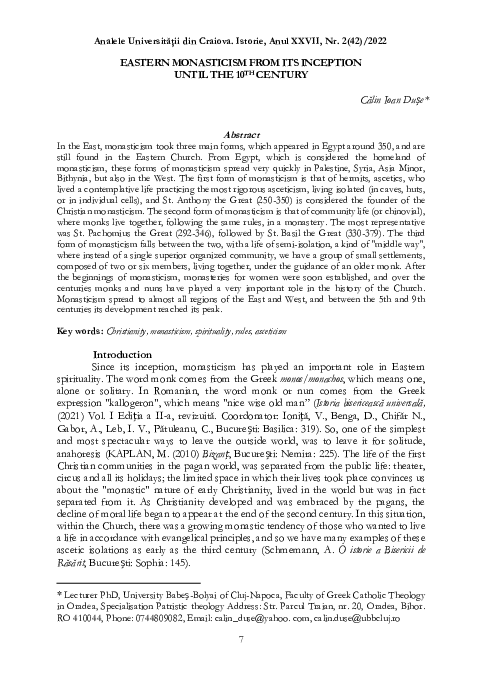 (PDF) Eastern Monasticism from Its Inception Until the 10TH Century