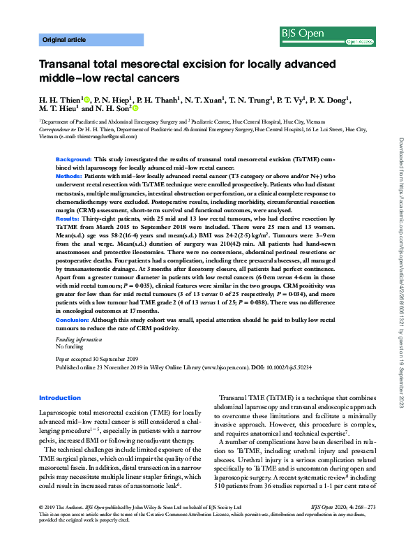 (PDF) Transanal total mesorectal excision for locally advanced middle ...