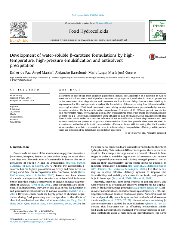 (PDF) Development of water-soluble β-carotene formulations by high ...