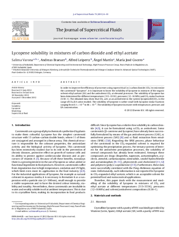 (PDF) Lycopene solubility in mixtures of carbon dioxide and ethyl acetate