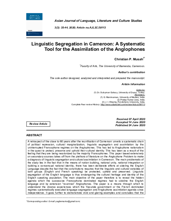 (PDF) Linguistic Segregation in Cameroon: A Systematic Tool for the Assimilation of the Anglophones