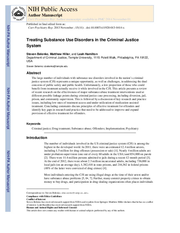 (PDF) Treating Substance Use Disorders in the Criminal Justice System