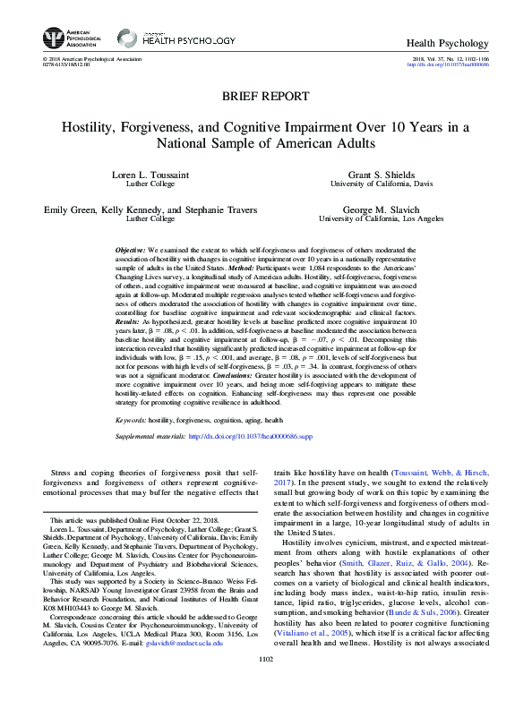 (PDF) Hostility, forgiveness, and cognitive impairment over 10 years in ...