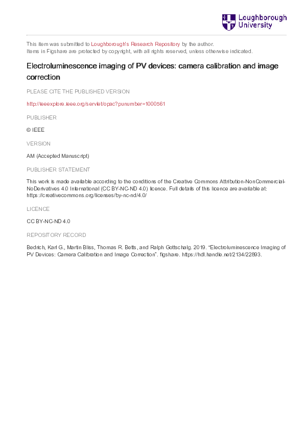 (PDF) Electroluminescence imaging of PV devices: Camera calibration and ...