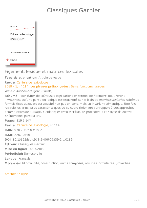 (PDF) Figement, lexique et matrices lexicales | jean-Claude ANSCOMBRE ...
