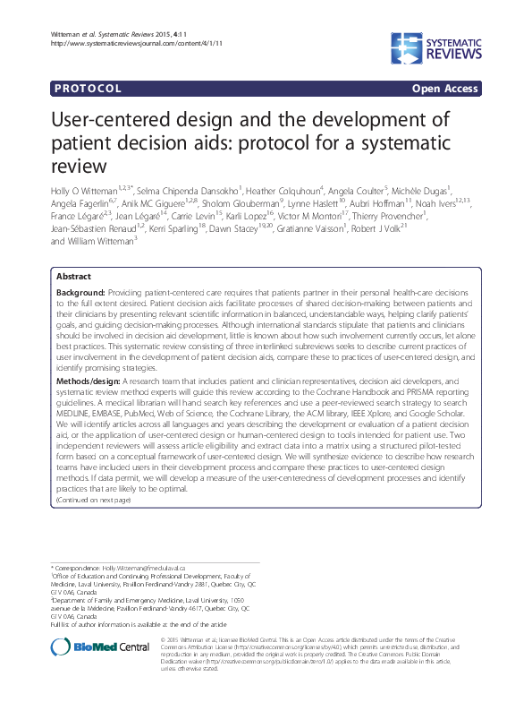 (PDF) User-centered design and the development of patient decision aids: protocol for a ...