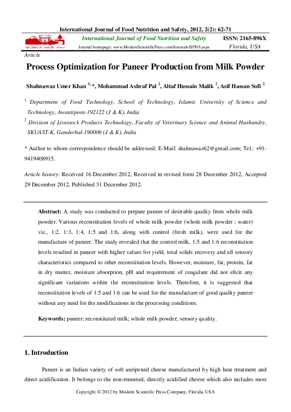 (PDF) Process Optimization for Paneer Production from Milk Powder