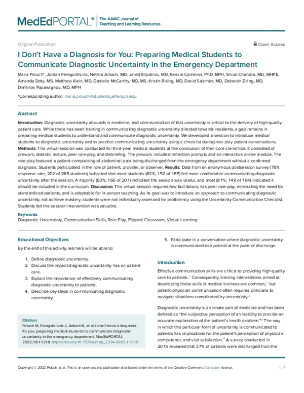 (PDF) I Don't Have a Diagnosis for You: Preparing Medical Students to ...